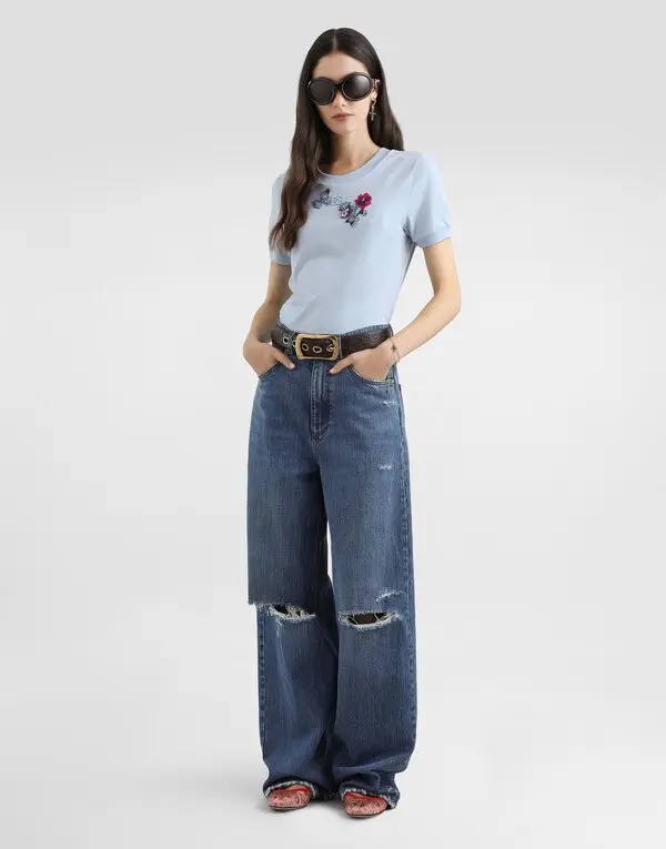 Dolce & Gabbana Jersey T-shirt With Flower Patch - Azure