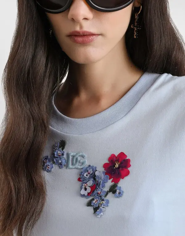 Dolce & Gabbana Jersey T-shirt With Flower Patch - Azure