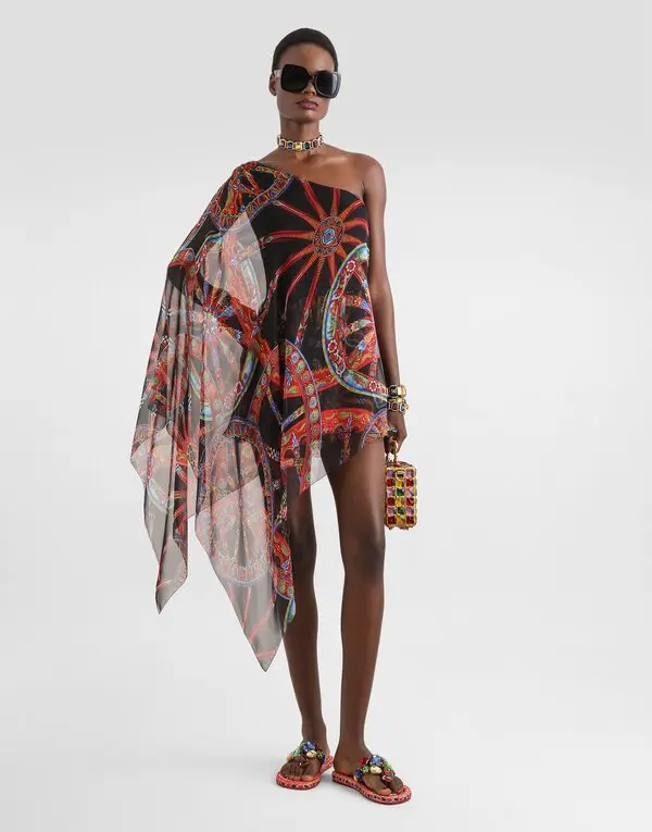 Dolce & Gabbana One-shoulder Carretto-print Chiffon Dress