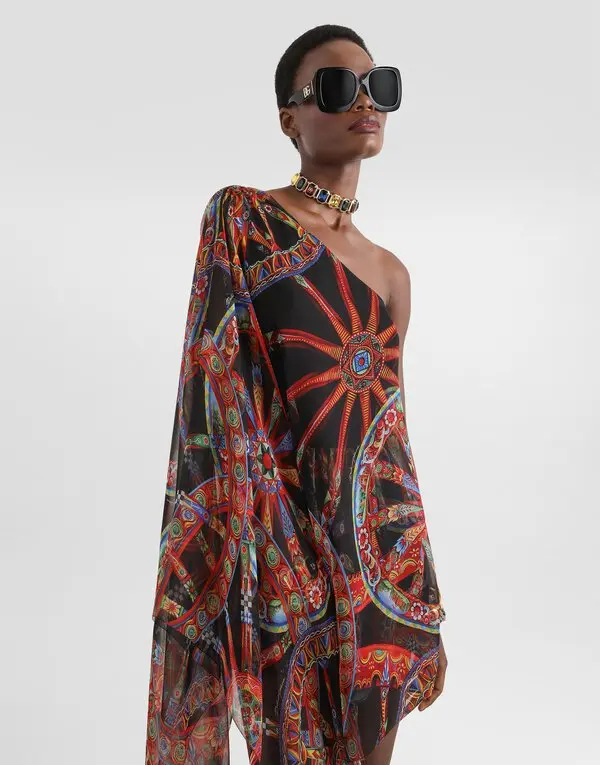 Dolce & Gabbana One-shoulder Carretto-print Chiffon Dress