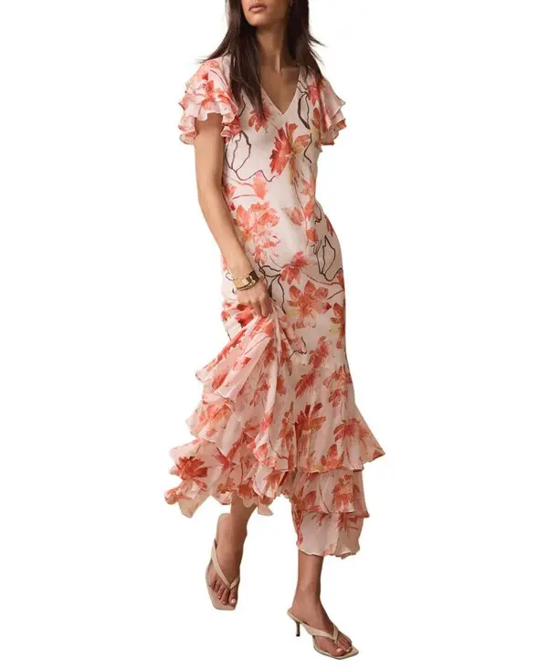 Mint Velvet Floral Ruffle Tie-back Midi Dress