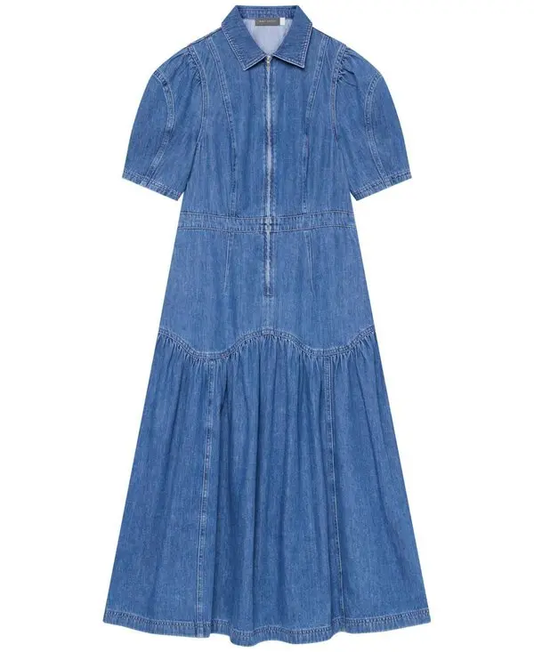 Mint Velvet Puff Sleeve Denim Zip Front Midi Dress