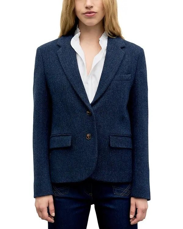 Gerard Darel Juliet Herringbone Two Button Notch Collar Jacket - Navy