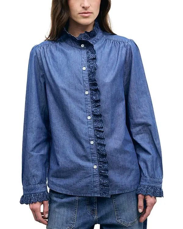 Gerard Darel Cotton Eyelet Ruffle Blouse