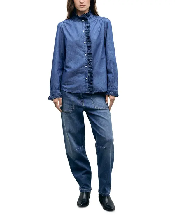 Gerard Darel Cotton Eyelet Ruffle Blouse