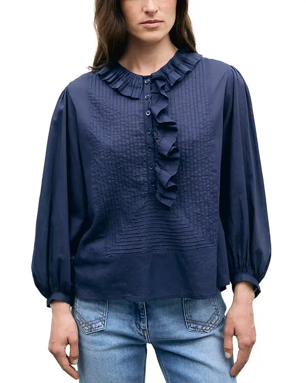 Gerard Darel Leone Cotton Ruffle Trim Blouse - Navy