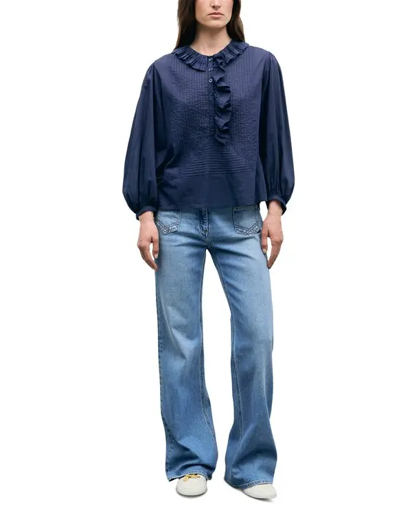 Gerard Darel Leone Cotton Ruffle Trim Blouse - Navy