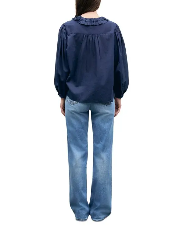 Gerard Darel Leone Cotton Ruffle Trim Blouse - Navy