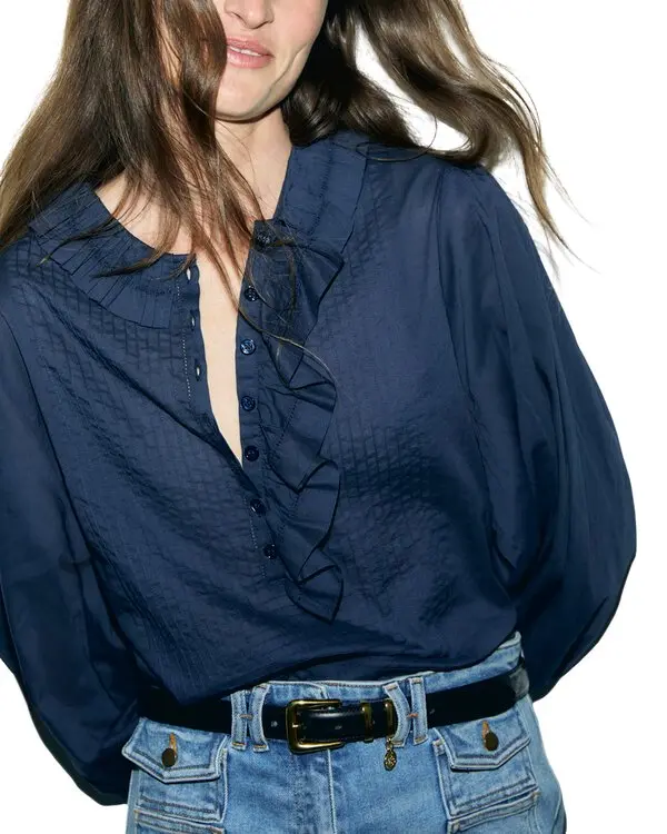 Gerard Darel Leone Cotton Ruffle Trim Blouse - Navy