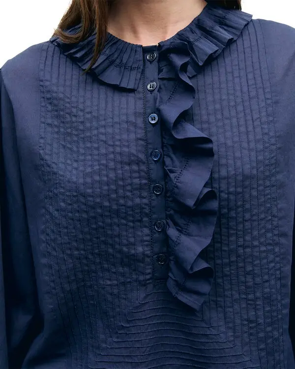 Gerard Darel Leone Cotton Ruffle Trim Blouse - Navy