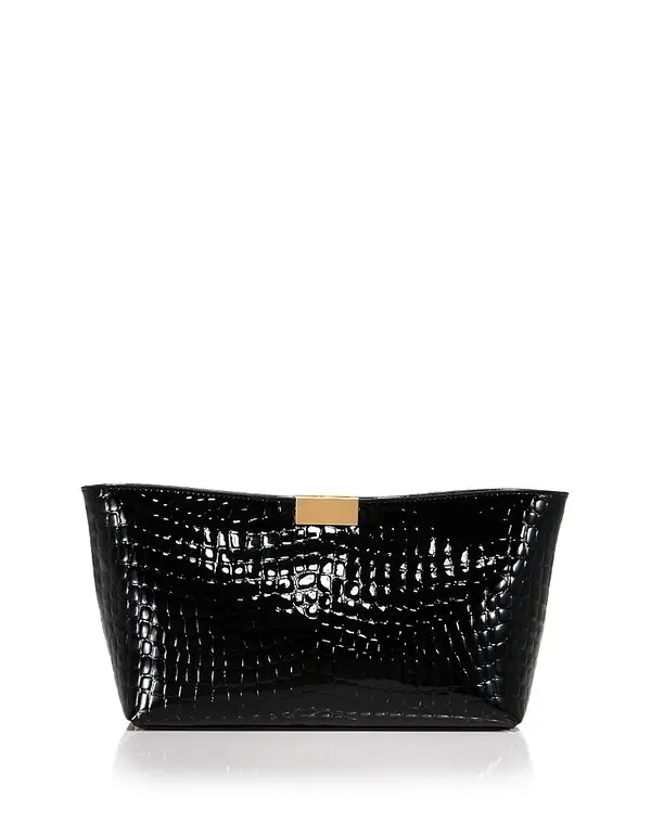 Aqua Medium Croc Embossed Patent Leather Clutch Exclusive - Black