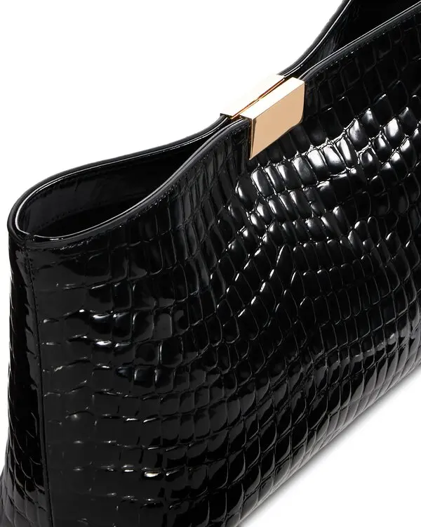 Aqua Medium Croc Embossed Patent Leather Clutch Exclusive - Black