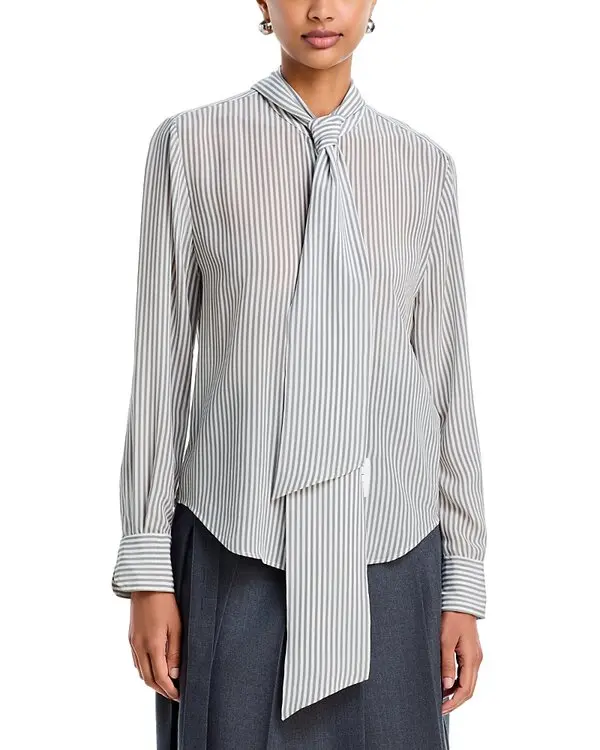 Thom Browne Silk Striped Blouse With Tie Detail - Medium Grey