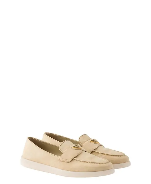 Prada Suede Leather Loafers With Gold Tone Detail - Neutral