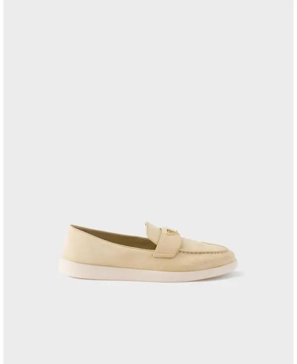 Prada Suede Leather Loafers With Gold Tone Detail - Neutral