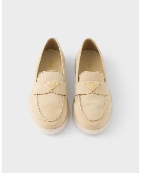 Prada Suede Leather Loafers With Gold Tone Detail - Neutral