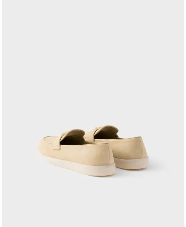 Prada Suede Leather Loafers With Gold Tone Detail - Neutral