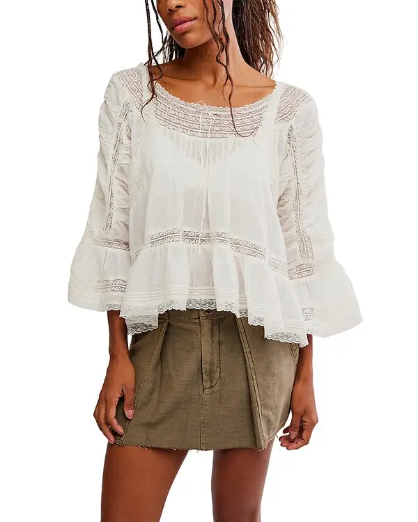 Free People Romantic Ruffled Lace Trim Blouse - Ivory