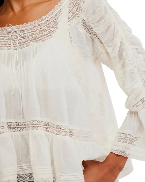 Free People Romantic Ruffled Lace Trim Blouse