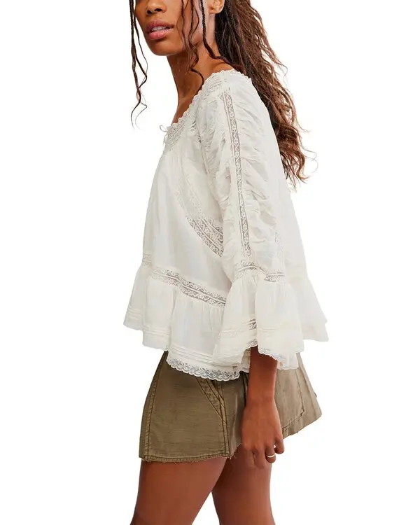Free People Romantic Ruffled Lace Trim Blouse
