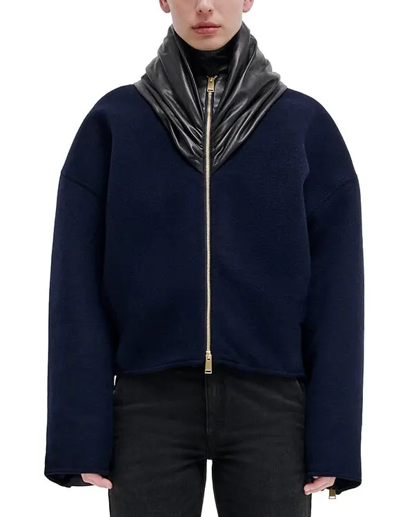 DARKPARK Cashmere Wool Leather Fold Collar Bomber Jacket