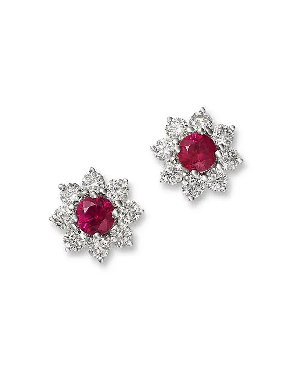 Bloomingdale'S Gemstone & Diamond Flower Cluster Stud Earrings In 14k Gold - Ruby/white Gold