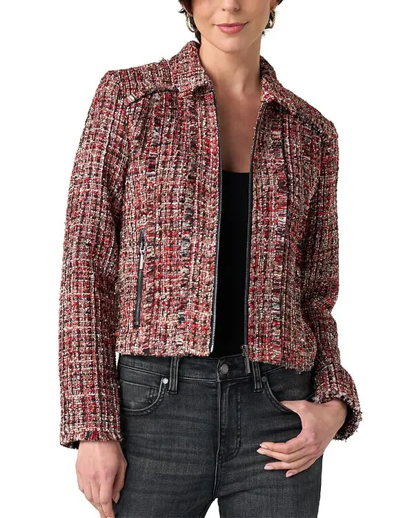 LIVERPOOL Zip Front Fringe Trim Tweed Jacket