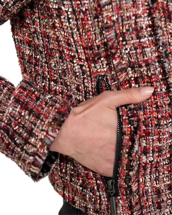 LIVERPOOL Zip Front Fringe Trim Tweed Jacket