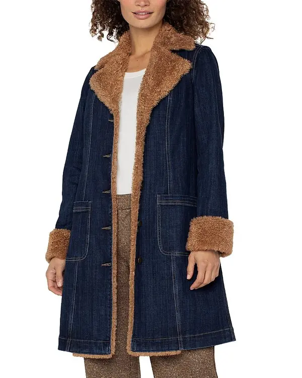 LIVERPOOL Sherpa Trimmed Notch Collar Denim Jacket