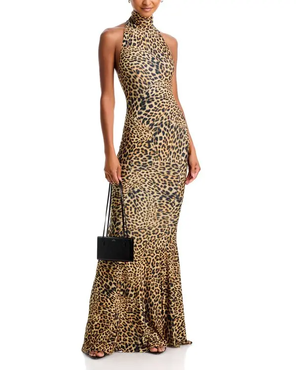 Norma Kamali Halter Turtleneck Printed Fishtail Gown