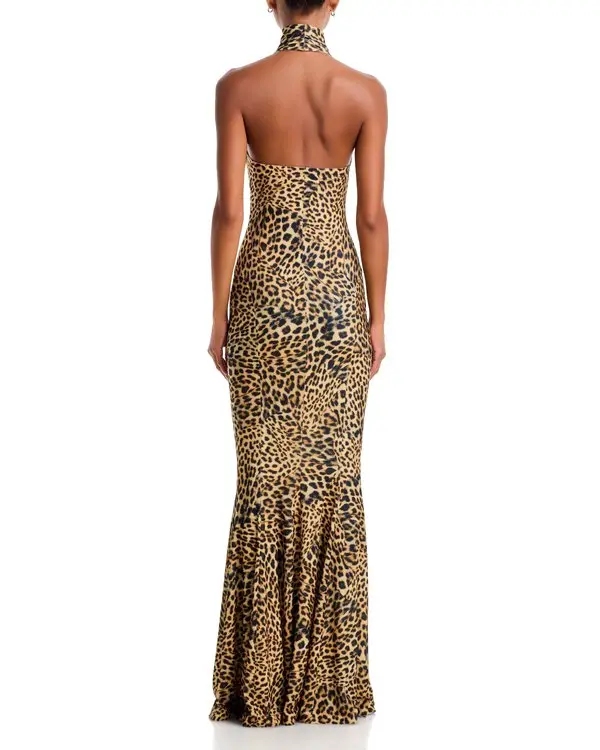 Norma Kamali Halter Turtleneck Printed Fishtail Gown