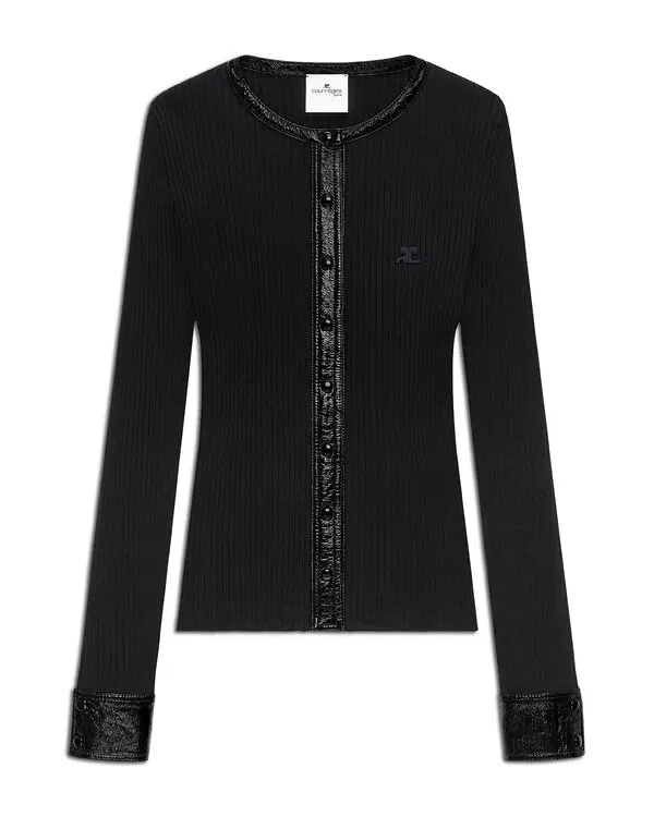 COURREGES Contrasted Vinyl Rib Knit Cardigan - Black