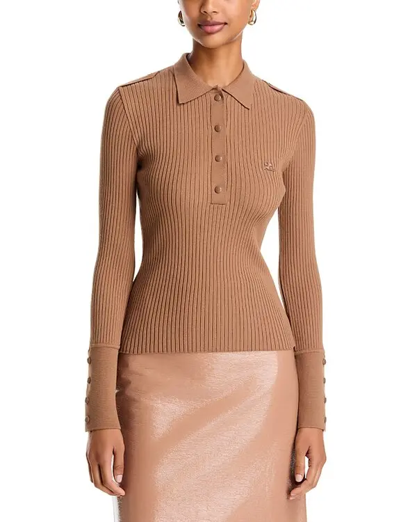 COURREGES Rib Knit Long Sleeve Polo Sweater