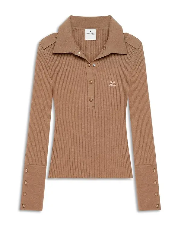 COURREGES Rib Knit Long Sleeve Polo Sweater
