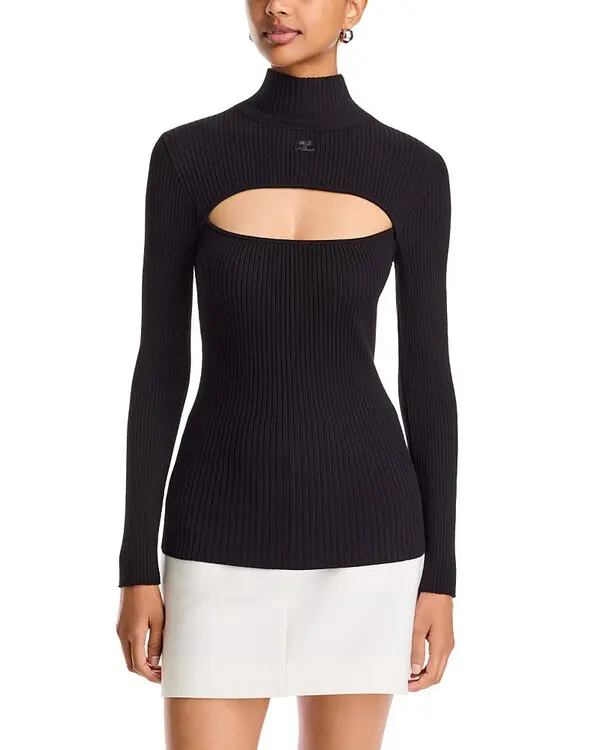 COURREGES Rib Knit Slash Mock Neck Sweater