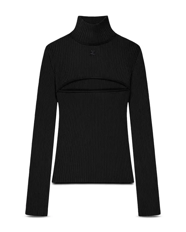 COURREGES Rib Knit Slash Mock Neck Sweater