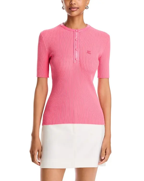 COURREGES Contrasted Vinyl Rib Knit Short Sleeve Top - Fever Pink