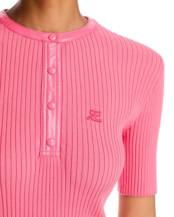 COURREGES Contrasted Vinyl Rib Knit Short Sleeve Top - Fever Pink