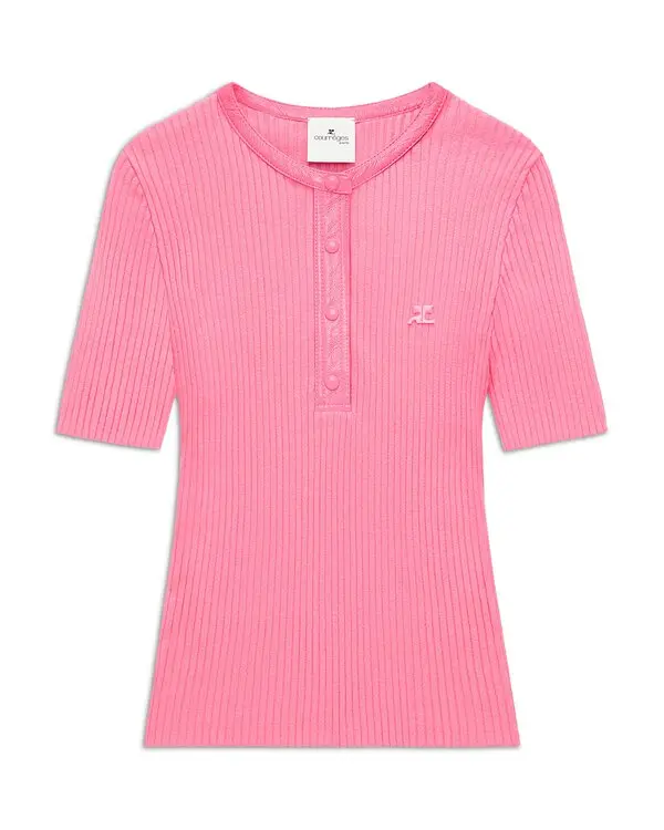 COURREGES Contrasted Vinyl Rib Knit Short Sleeve Top - Fever Pink