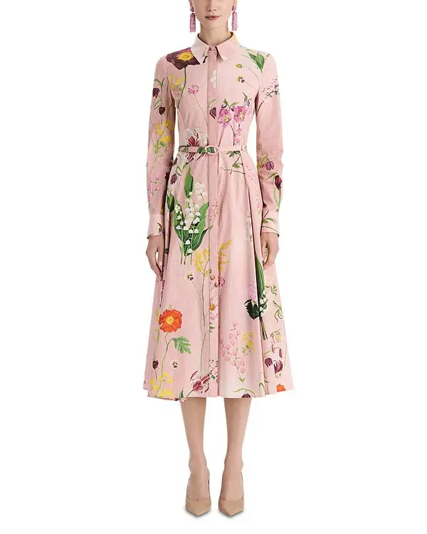 Oscar De La Renta Collared Mixed Botanical Dress - Blush Multi