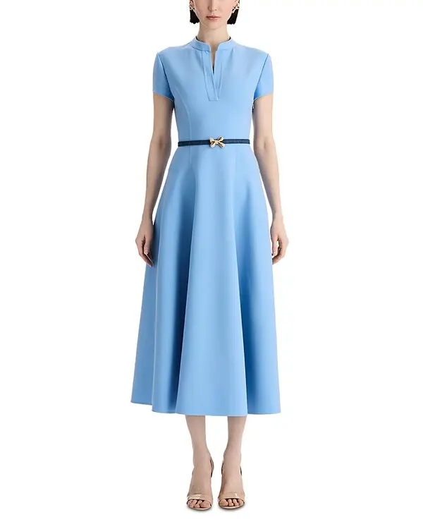 Oscar De La Renta Collared Stretch Wool Day Dress - Talc Blue