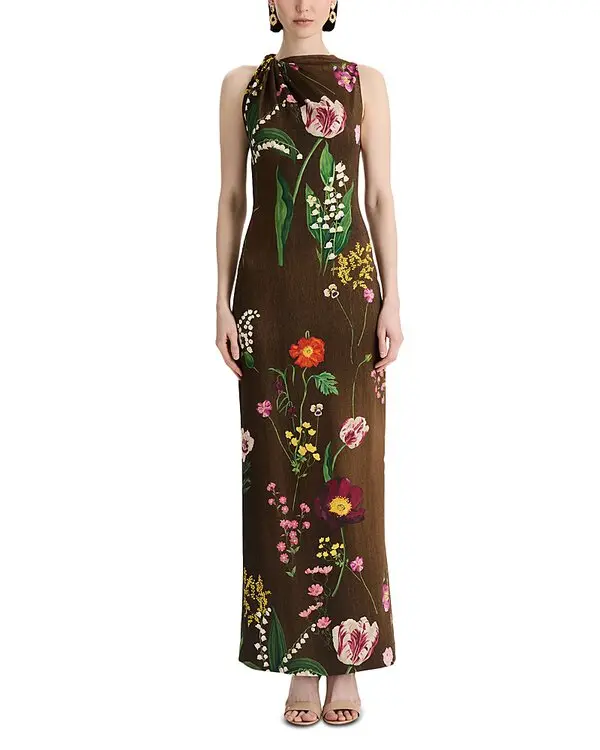 Oscar De La Renta Mixed Botanical Milano Jersey Day Dress - Brown Multi