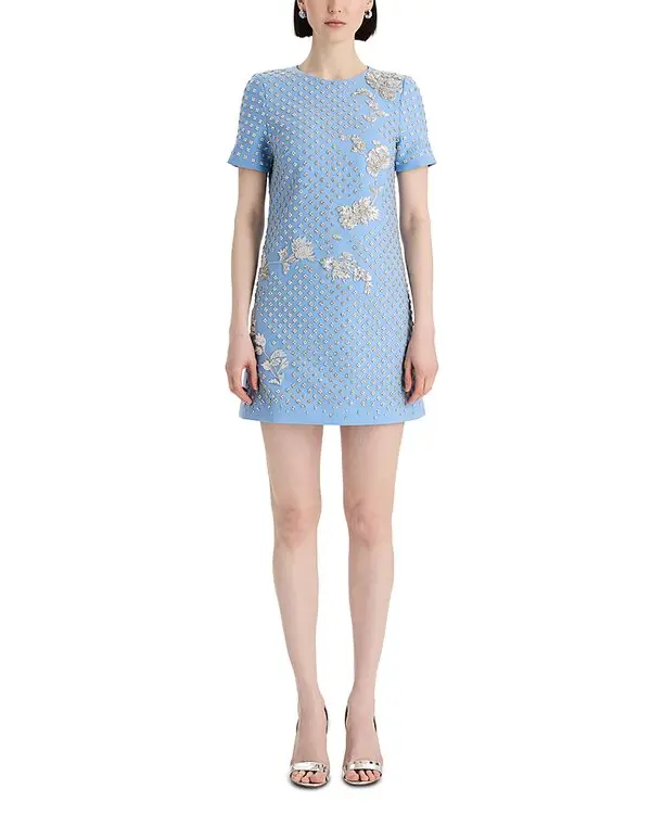 Oscar De La Renta Short Sleeve Crystal Floral Grid Dress - Talc Blue