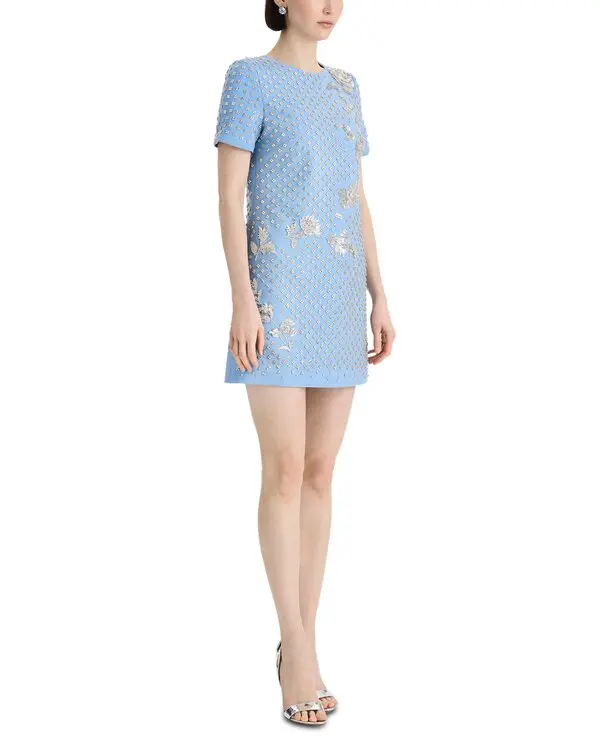 Oscar De La Renta Short Sleeve Embellished Floral Dress