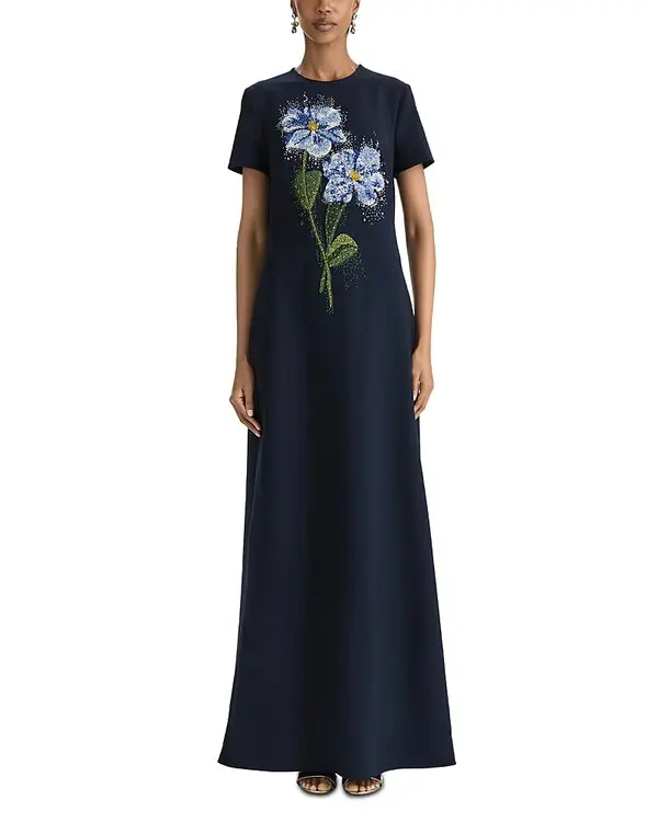 Oscar De La Renta Short Sleeve Embellished Floral Caftan - Navy