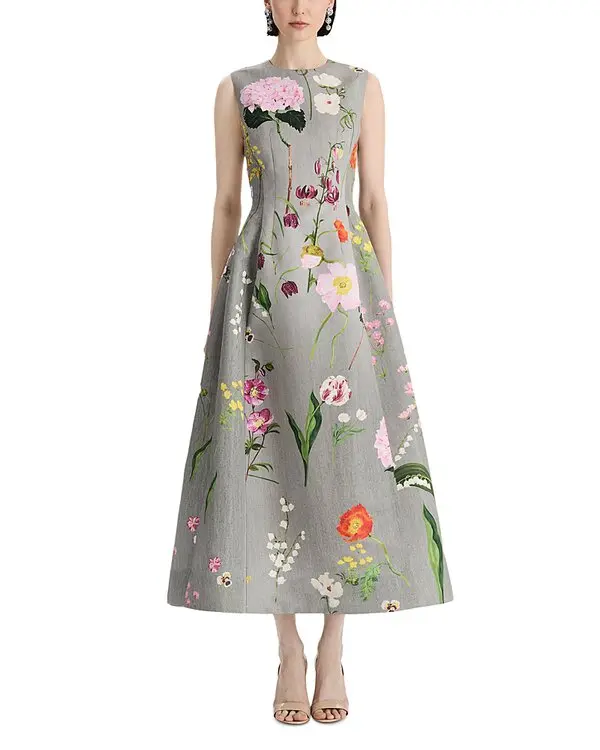 Oscar De La Renta Sleeveless Mixed Botanical Faille Cocktail Dress