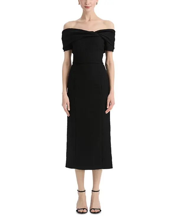 Oscar De La Renta Off-the-shoulder Slubby Tweed Dress - Black