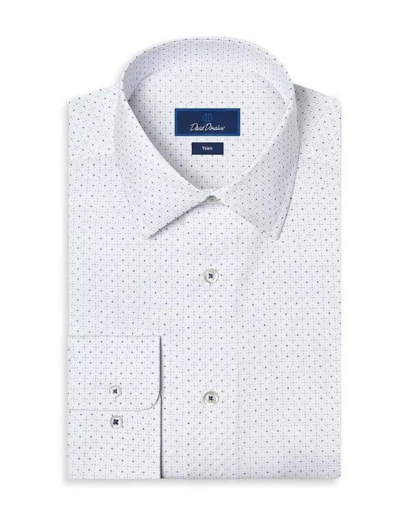 David Donahue Trim Fit Neat Print Cotton Blend Dress Shirt - White/ Blue