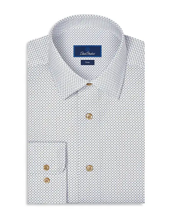 David Donahue Trim Fit Geometric Print Cotton Dress Shirt - White/ Dune