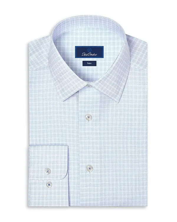 David Donahue Trim Fit Cotton Blend Check Dress Shirt - White/ Sky